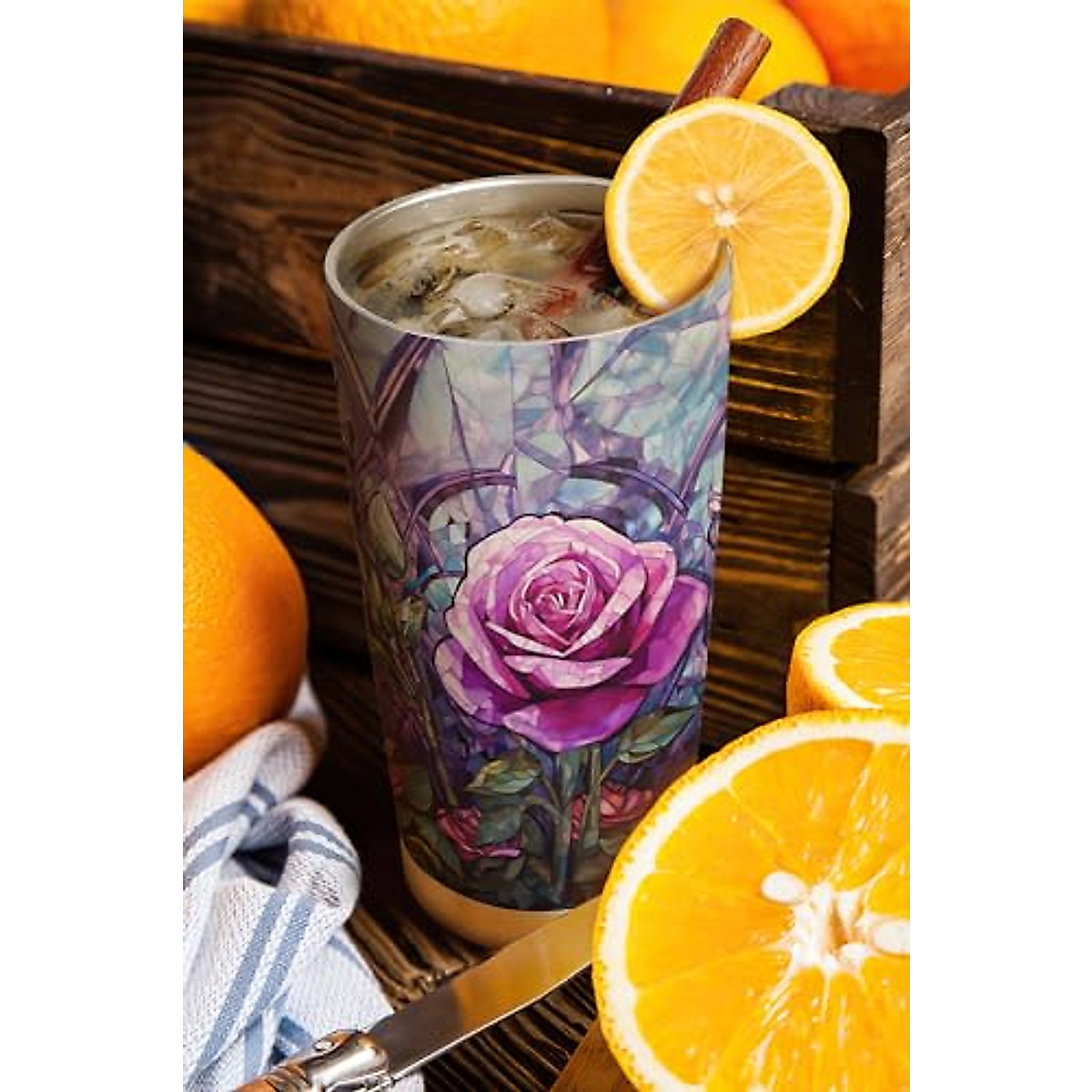 ORCAE 20oz Colorful Rose Flower, Crystal Stained Glass Style Flowers, Pink Purple Rose Tumbler Cup, Insulated Travel Mug with Lid, Coffee Thermos for Women, Gifts for Women - M
