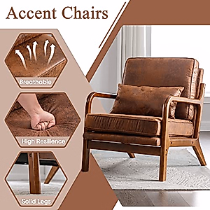 Mid Century Modern Accent Chair Set of 2 Living Room- Comfy Solid Wood Arm Chair with Lumber Pillow Lounge Decorative Brown Leather Office Side Chair Bedroom Reading Nook Sillas De Sala Microfiber
