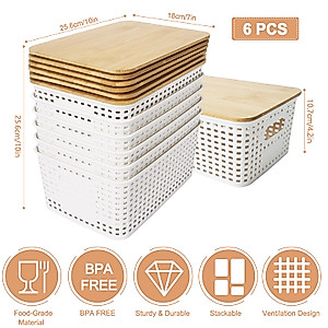 UHAPEER 6 PCS Storage Bins with Bamboo Lids Plastic Baskets Plastic Storage Containers for Organizing Stackable Storage Box with Handle for Shelves Drawers Desktop Closet Classroom Office（White）