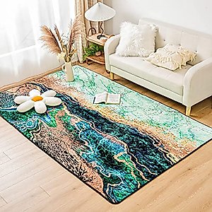 Meeting Story Marble Area Rug Colorful Large Carpet Glittering Like Gold Exotic Marble Pattern Design for Bedroom Living Room Sitting Space Decoration (Green, 5 x 8 Feet)