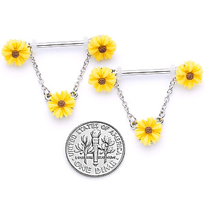 Body Candy 14G Womens Nipplerings Piercing Steel 2Pc Summer Yellow Sunflowers Dangle Nipple Ring Set 5/8"