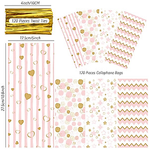 Whaline 120 Pack Valentine's Day Cellophane Bags with Twist Ties Wedding Cello Bags Pink Gold Goodie Treat Bags Dots Stripes Stars Hearts Candy Bags for Baby Shower Birthday Valentines Party Supplies