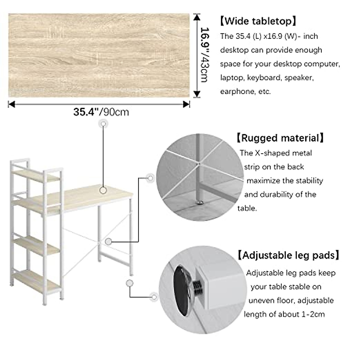 4NM 35" Small Computer Desk with 4-Tier Bookshelf, Home Office Desk Writing Workstation Study Table Multipurpose for Small Space Work - Natural and White