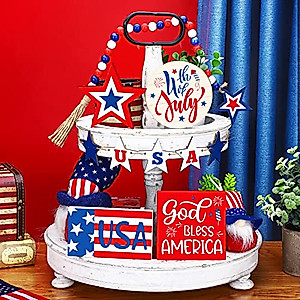 10 Pcs 4th of July Tiered Tray Decor Set Patriotic Tiered Tray Decor American Star Wood Signs Rustic Farmhouse Decor Red White Blue Signs Independence Day Decoration for Home Shelf (Fresh Style)