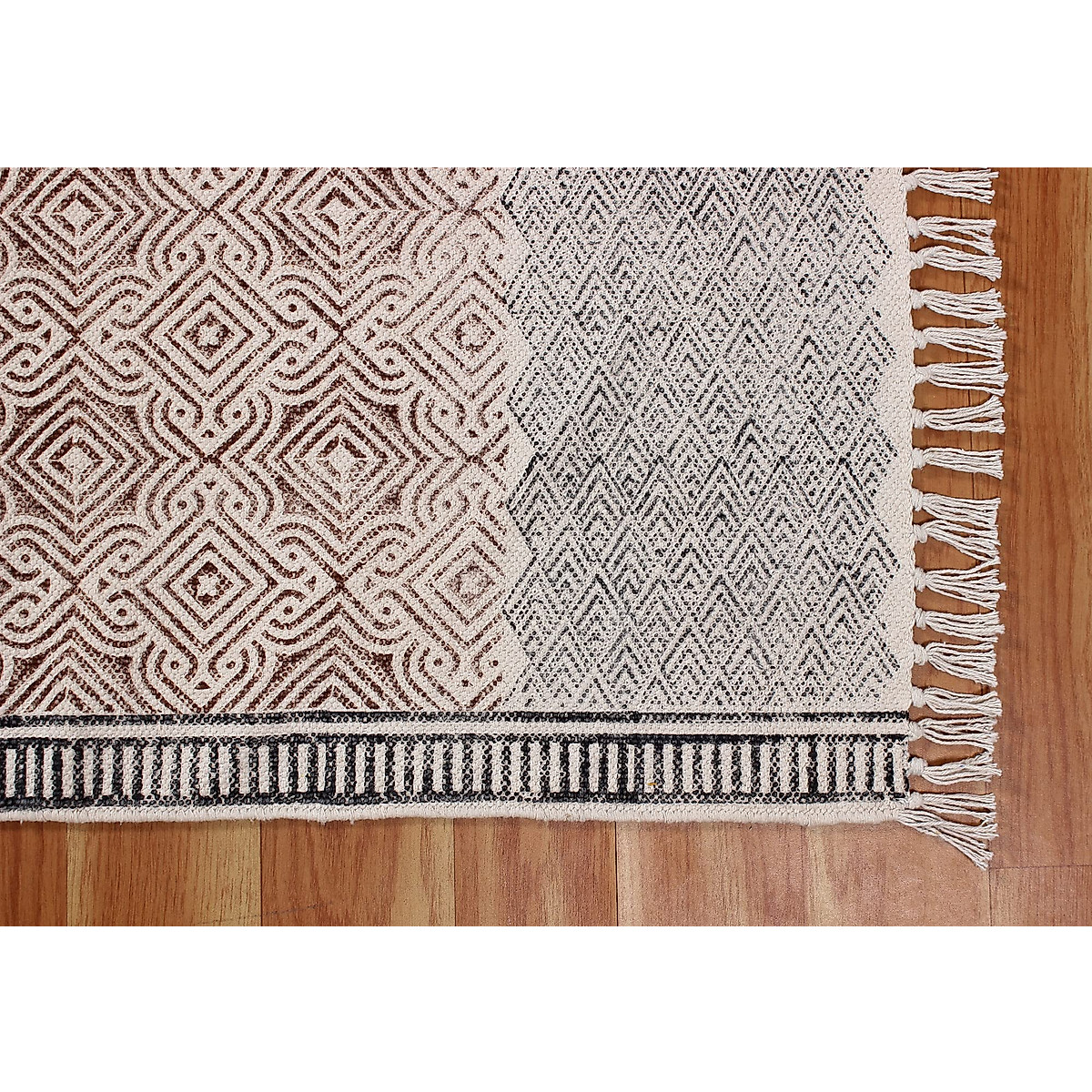 Casavani Hand Block Printed Hand Made Brown, Black Geometric Tassel Rug Cotton Easy Washable Rugs Floor Carpet for Doormat Entryway Living Room Bedroom Hallway Balcony 6x12 Feet Runner
