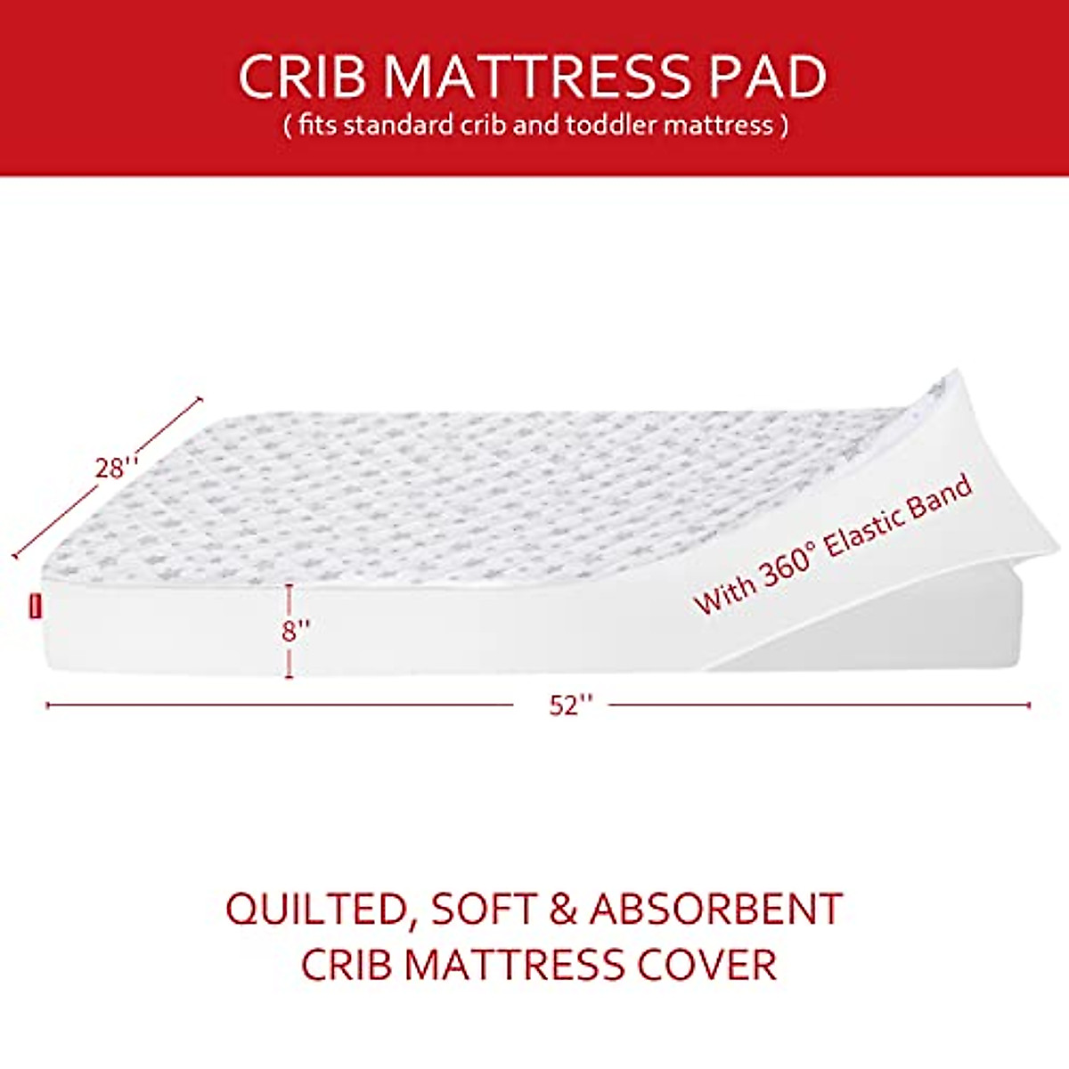 Crib Mattress Pad Protector Waterproof, Quilted Crib Mattress Pad Cover 52'' x 28'' Extra Soft Breathable Toddler Bed Cover Fitted Crib/Toddler Mattress Stretch Up to 8", White Star