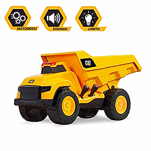 CAT Construction Toys, Motorized Dump Truck Toy, 6 Unique Sounds, 2 Motorized Functions, Lights & Sounds, Includes 3 AA Batteries.