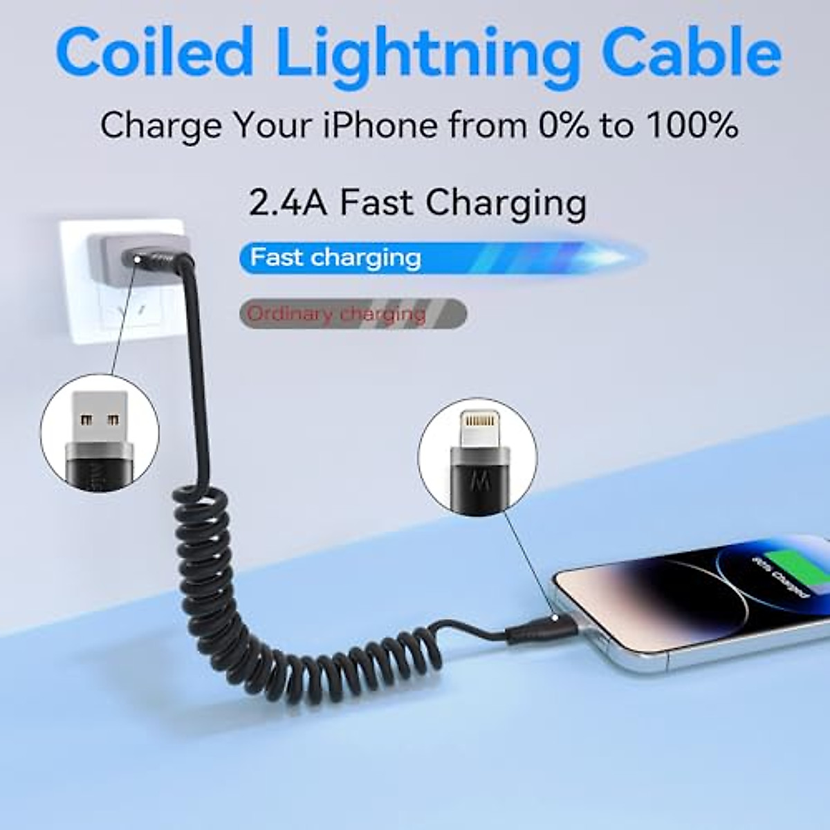 Coiled Lightning Cable [2Pack 4Ft] iPhone Charger Cable for Car MFi Certified Nylon Braided Retractable Fast Charging Cord with iPhone14/13/12/11 Pro Max/SE/XS MAX/XR/XS/X/8/7/Plus/6S iPad/iPod/iPads