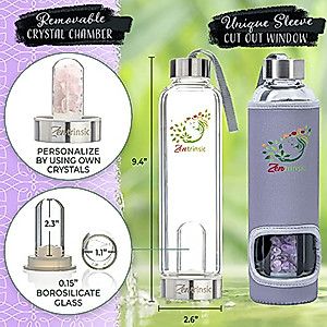 Zentrinsic Crystal-Infused-Water-Bottle, Inc 3 crystals- Rose-Quartz-Clear-Quartz & Amethyst Eco-Friendly and perfect for yoga-meditation-reiki-spiritual-gifts Healing Stones and Elixir Energy 16.9 oz