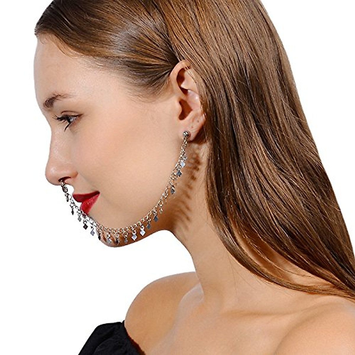 Honbay Body Jewelry Fake Septum Ring Non Piercing Nose Rings with Chain Nose to Ear Chain with Tassel (Gold)