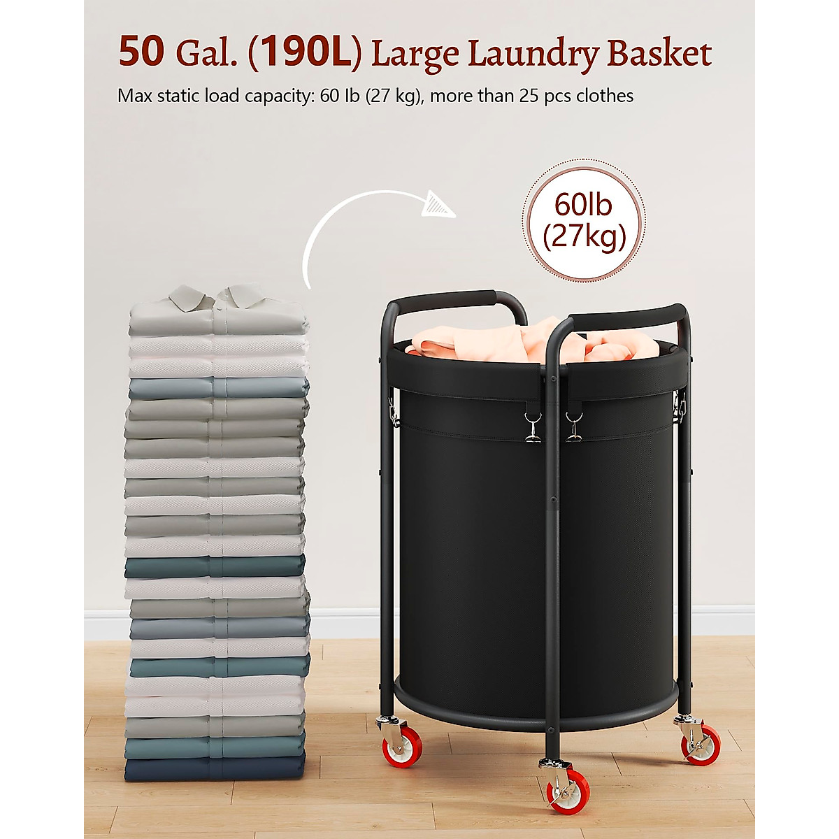 Laundry Basket with Wheels, Rolling Laundry Hamper, 50 Gal. (190L), Round Laundry Sorter Cart with 4 Casters, Removable Liner, Steel Frame with Handle for Bedroom, Bathroom, Laundry Room