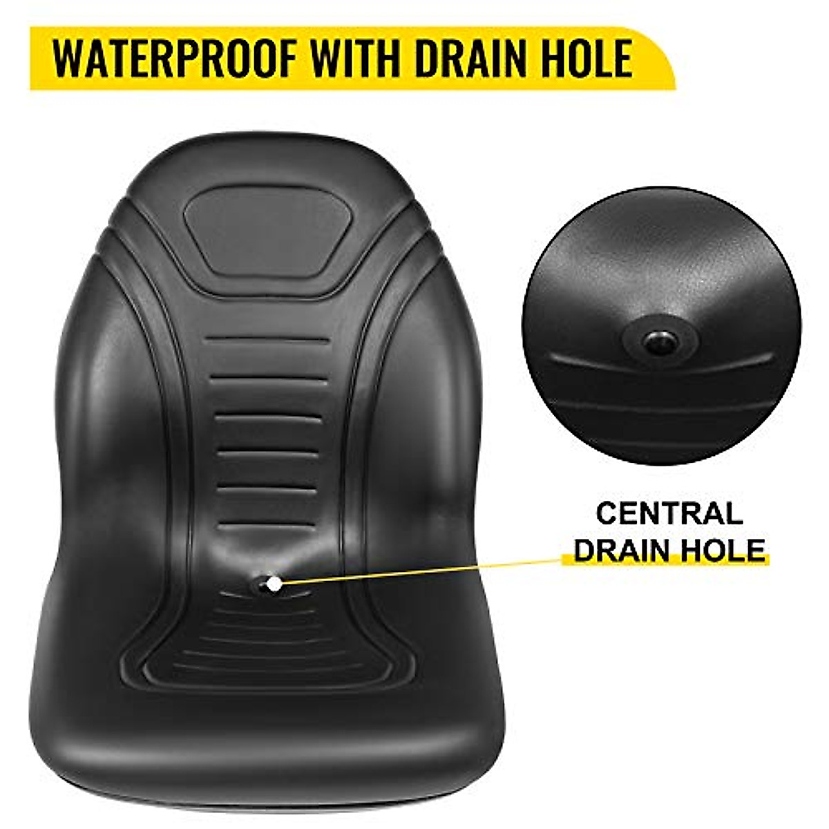VEVOR Universal Lawn Tractor Seat Replacement, Compact High Back Mower Seat, Black Vinyl Forklift Seat, Central Drain Hole Skid Steer Seat with Mounting Bolt Patterns of 8" x 11.5" & 11.25" x 11.5"
