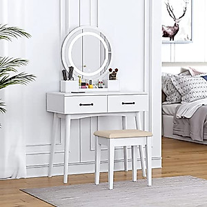 UTEX Makeup Vanity Desk with Round Mirror and Lights,White Vanity Makeup Table, Small Vanity Table with 2 Drawers, 3 Lighting Modes Dresser Desk and Cushioned Stool Set for Bedroom, White
