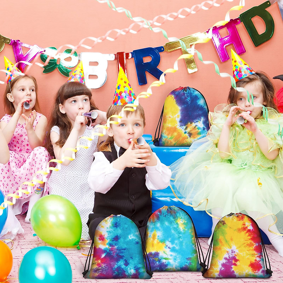 Shappy 24 Pcs Tie Dye Party Favor Bags 11.8 Inch Tie Dye Drawstring Backpack Tie Dye Goodie Gift Bags Birthday Party Supplies