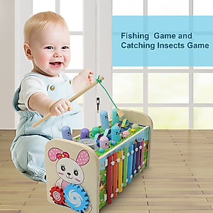 Rabing Wooden Pounding Bench ，8-in-1 Wooden Musical Hammer Toy with Xylophone ，Montessori Learning Toys with Wooden Hammer ，Wooden Activity Cubes,Music Education Puzzle Games Toys for Toddlers 1-3