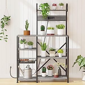 JAMFLY Bakers Rack with Power Outlet, Microwave Stand, kitchen Storage Shelf with 6 Hooks, Coffee Bar Station with Wire Basket, 6 Tier Kitchen Rack for Living Room, Spice, Pots and Pans Organizer