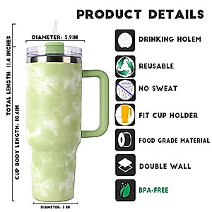 40 oz Tumbler with Handle, 2.0 Reusable Vacuum Tumbler, Insulated Tumbler With Lid and Straws, Insulated Cup, Maintains Cold Heat and Ice for Hours (Tie Dye Green)