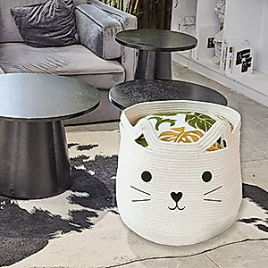 VK VK·LIVING Animal Hamper Large Woven Animal Cotton Rope Storage Basket Laundry Basket Organizer With Cat Design for Towels Blanket Toys Clothes Pet Hamper for Cat 15 L x 15 H