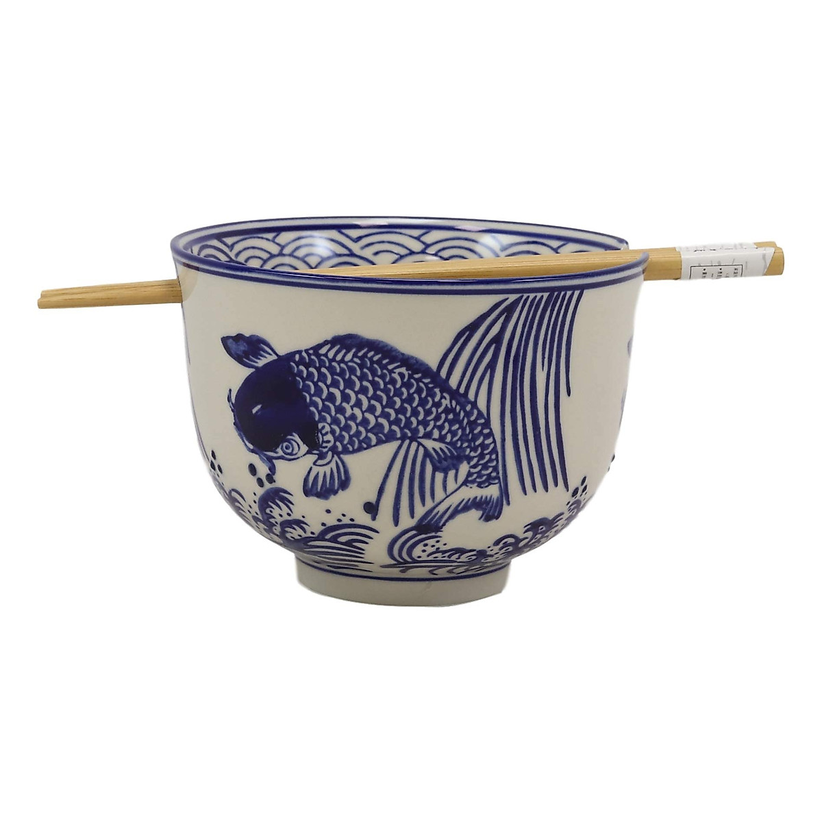 Ebros Ming Style Zen Blue White Koi Fishes By Waterfall Ramen Udong Noodles 5" Diameter Bowl With Built In Chopsticks Rest and Bamboo Chopstick Set for Dining Soup Rice Meal Cereal Bowls Decor Kitchen