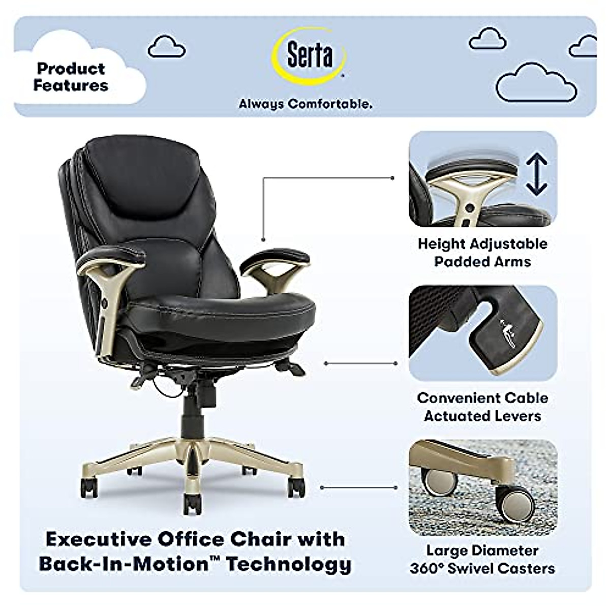 Serta Ergonomic Executive Office Motion Technology, Adjustable Mid Back Desk Chair with Lumbar Support, Black Bonded Leather