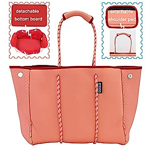 QOGiR Neoprene Multipurpose Beach Bag Tote with Inner Zipper Pocket (Coral, Large)