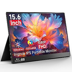 Ingnok Portable Monitor 15.6 Inch FHD 1080P IPS Laptop Screen Extender, 350cd/m2 USB C HDMI Travel Monitor w/Smart Cover & Speakers, Portable Screen for Laptop Mac PC Phone Xbox PS4/5 Switch