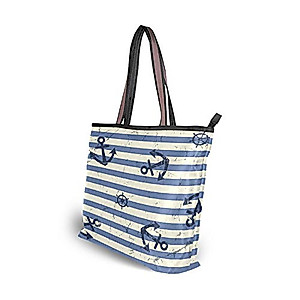 QMXO Sea Anchor Stripe Blue Handbags and Purse for Women Tote Bag Large Capacity Top Handle Shopper Shoulder Bag
