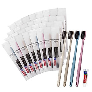 Lomgwumy Disposable Toothbrush, Toothbrush Bulk, Bulk Toothbrush and Toothpaste Sets, 4 Colors, Individually Packaged, Delicate and Practical, Suitable for Hotel, Home, Travel, Camping (PACK-32)