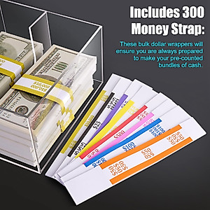 Mczxon Clear Cash Tray With 300 Currency Wrappers, Acrylic Money Organizer Storage Change Box Case - 5 Compartments