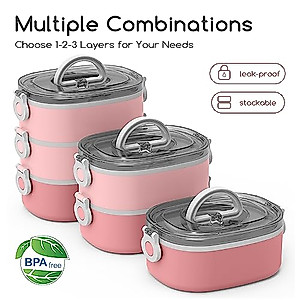 KHOXU Bento Lunch Box, Stackable 3 Layers Bento Box Adult Lunch Box, 94OZ Large Capacity Lunch Containers, Lunch Box Kids with Accessories Kit , Leak-Proof, Food-Safe Materials, Pink