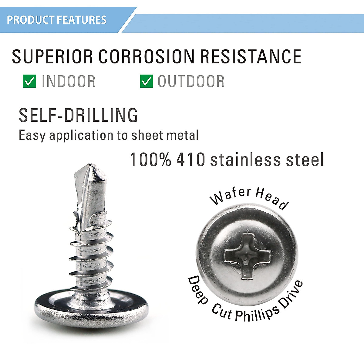 Jetovo 150 Pack 410 Stainless Steel Wafer Head Phillips Self Drilling Screws Sheet Metal Tek Screws Assortment Kit, Modified Truss Head Self Driller - Size: #8 x 1/2" #8 x 3/4" #8 x 1"