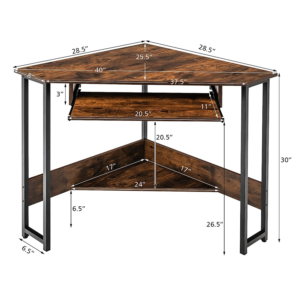 MEDIMALL Triangle Computer Desk, Small Corner Writing Table with Power Outlets, Keyboard Tray & Storage Shelf, Strong Metal Frame, Home Office Workstation Gaming Desk for Small Spaces, Rustic Brown