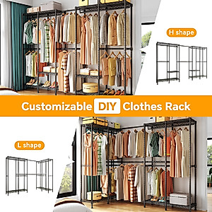 Higeego H5 Pro Heavy Duty Garment Rack, Freestanding Clothes Rack, Wardrobe Closet for Hanging Clothes, Portable Closet Organizer with Expandable Hanger Rods, (97.7-115.4")L x 15.7"W x 75.4"H, Black