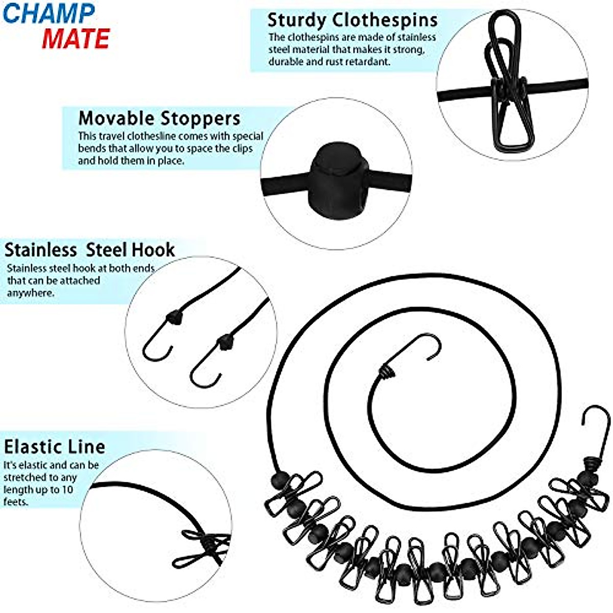 Champmate Portable Clothesline with 12 Clothespins Elastic Windproof Travel Stretchy Retractable Laundry Clothes Drying Line for Backyard Vacation Hotel Outdoor and Indoor Balcony (Black&Blue)