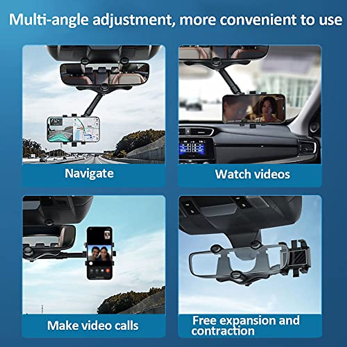 Kairiyard Car Phone Holder Mount, 360°Rotatable and Retractable Car Rearview Mirror Phone Holder Multifunctional Universal Cell Phone Mount Stand for All Mobile Phones