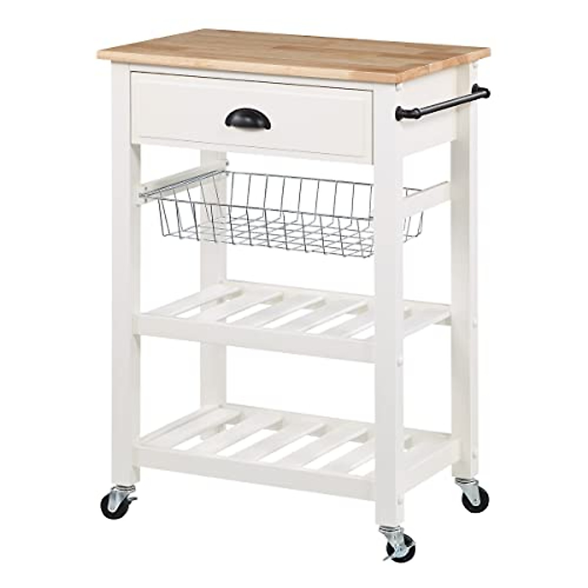 OS Home and Office Furniture Model HMPNW-11 Hampton Kitchen Cart in White with Solid Rubberwood Top