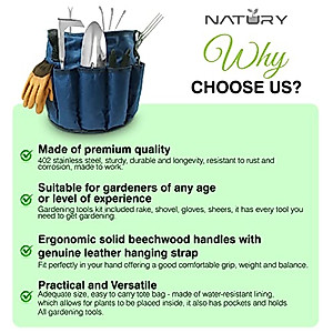 Natury Gardening Tool Set – Premium Stainless Steel Gardening Hand Tools with Solid Beechwood Handle – Gardening Kit with Rake, Shovel, Gloves, Shears, Tool Organizer – Garden Gifts for Women and Men