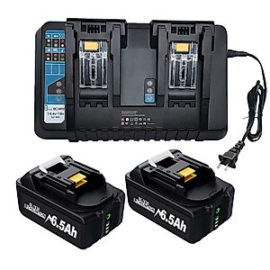 TURPOW 2 Packs 6.5 Ah Replacement for18V Battery & Double Rapid Charger Combo, Compatible with 18Volt Batteries BL1815 BL1830 BL1840 BL1850 BL1860 for LXT Lithium ion Cordless Tools