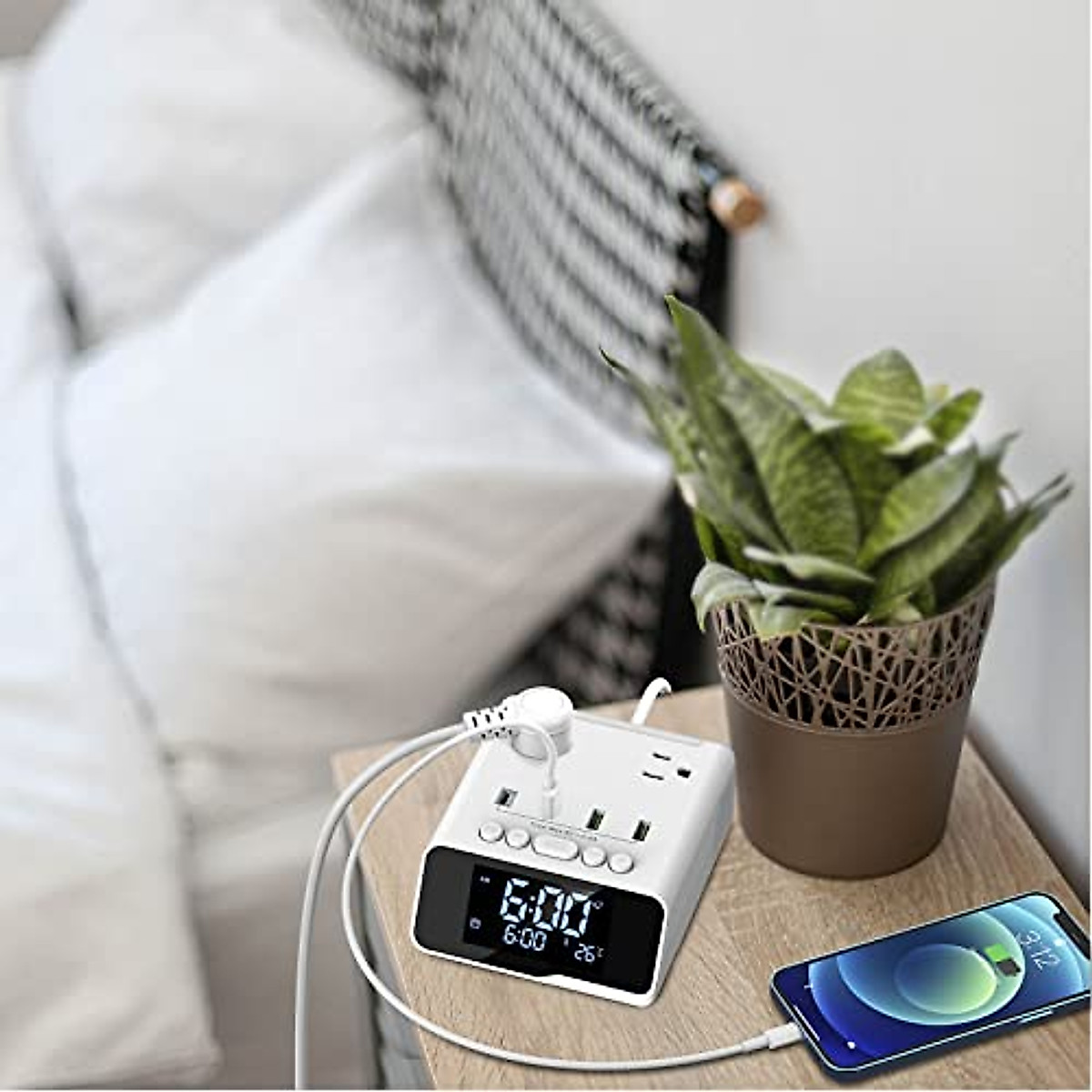 Alarm Clock with USB Ports, BTU Digital Alarm Clock Power Strip Surge Protector with 2 AC Outlets, 4 USB Ports, 6FT Power Cord, Adjustable Brightness and Snooze Function for Bedroom, Hotel