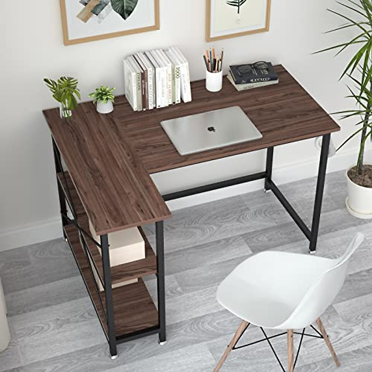 SunyesYo L Shaped Computer Desk 47 in - Small Office Home Gaming Desk with Storage Shelves - Study Writing Corner Table, Reversible Sturdy Workstation, Work PC Desk, Brown