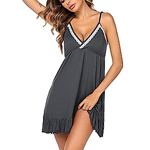 Ekouaer Tshirt Nightgowns for Women Night Dresses for Sleep Sexy V-Neck Slip Nightwear Dark Grey