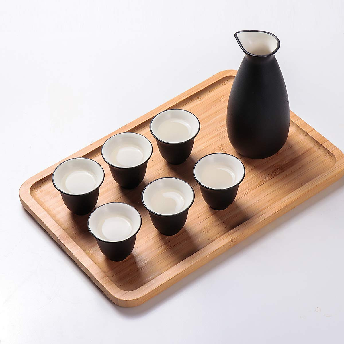 Bgbg Ceramic Sake Set with Warmer Pot Bamboo Tray-Traditional Japanese Pottery Hot Saki Set 11-Piece including 1 Sake Pot,6 Sake Cups，1 Warming Mug，1 Candle Stove, 1 Candle Tea Light Holder and 1 Tray