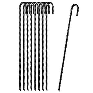 CRIZTA 24” Set of 8 Ground Rebar Stakes Heavy Duty J Hook Ground Anchors, Curved Steel Plant Support Garden Stake with Chisel Point end, Hammer Through Hard Soil for Camping Tent - Black Powder Coated