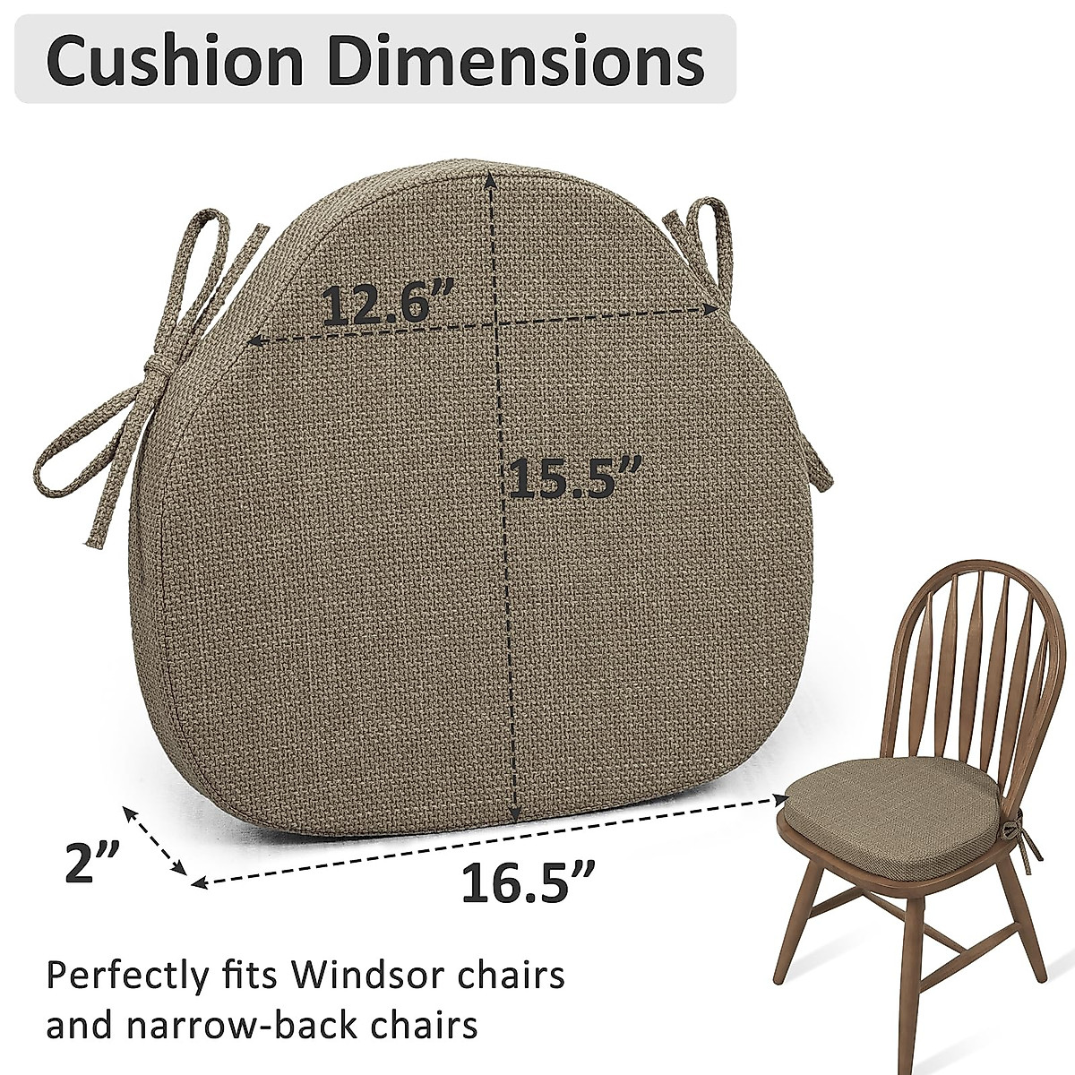 Shinnwa Dining Chair Cushions Set of 4, High-Resilience Foam Windsor Seat Pads, Kitchen Chair Cushions with Ties & Textured Cover, 4 Pack, 16.5 x 15.5 x 2, Light Brown