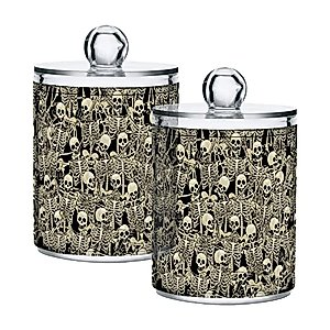 ALAZA Gothic Skull Skeleton Qtip Holder Organizer Dispenser For Cotton Ball, Cotton Swab, Cotton Round Pads, Floss,Bathroom Canisters Storage Organizer, Vanity Makeup Organizer,2Pack