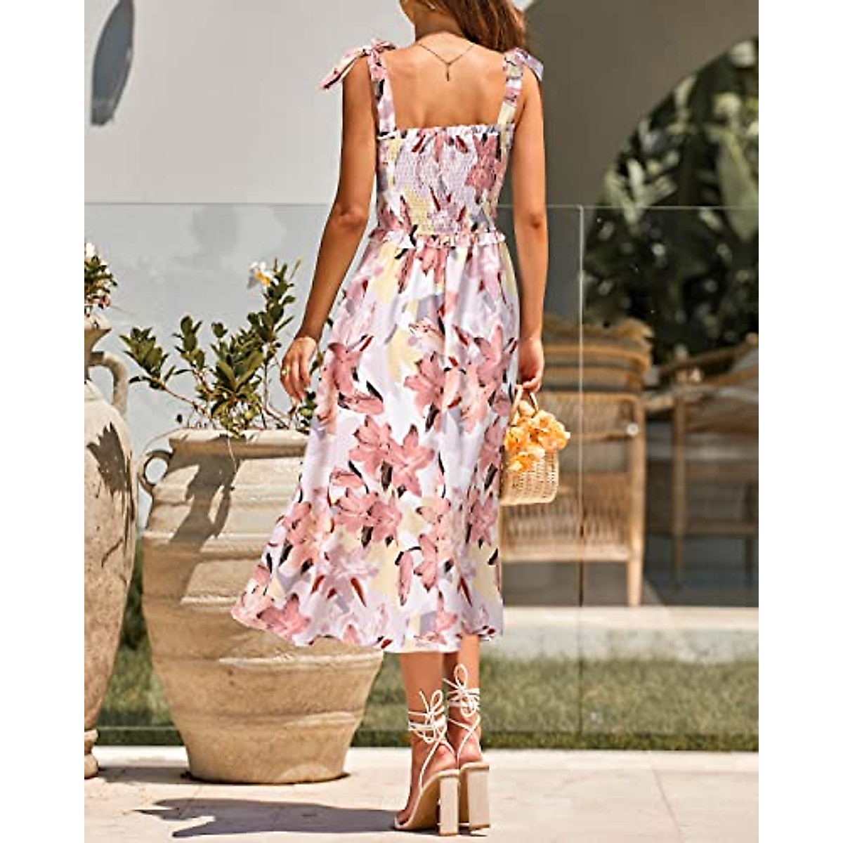 PRETTYGARDEN Women Summer Dresses 2023 Tie Strap Square Neck Smocked Ruffle Flowy Floral Print Boho Maxi Cocktail Dress(Floral Pink,X-Large)