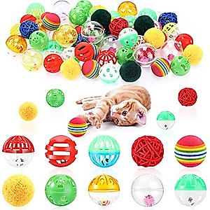 Deekin 60 Pack Cat Toys Plastic Noisy Cat Toy Balls with Bell Kitten Chase Pounce Rattle Toy Assortments Including Rainbow Foam Ball, Furry Pompom Ball, Sisal Ball for Cats (Assorted Style)