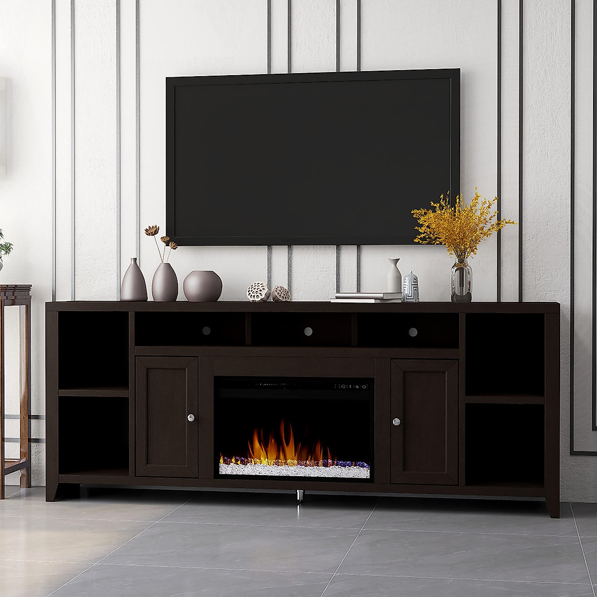 Bridgevine Home Urban Loft Fireplace TV Stand, 84 inches, Accommodates TVs up to 95 inches, Fully Assembled, Poplar Solid Wood, Mocha Finish