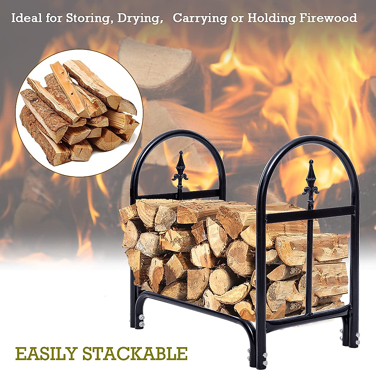 Happytools Firewood Rack, 24 Inch Fireplace Wood Storage Stand for Indoor and Outdoor, Heavy Duty Steel Fire Log Stacker Holder for Stove Fire Pit Fireplace (Single Head, 2 FT) Black