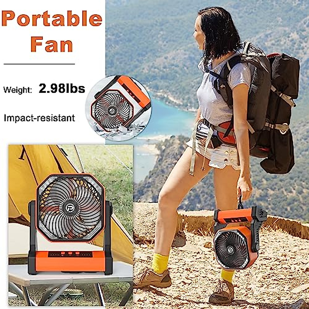 KITWLEMEN Camping Fan with LED Lantern, 20000mAh Rechargeable Battery Operated Outdoor Tent Fan with Light & Hanging Hook, 4 Speeds, Personal USB Desk Fan for Camping, Power Outage, Hurricane, Jobsite